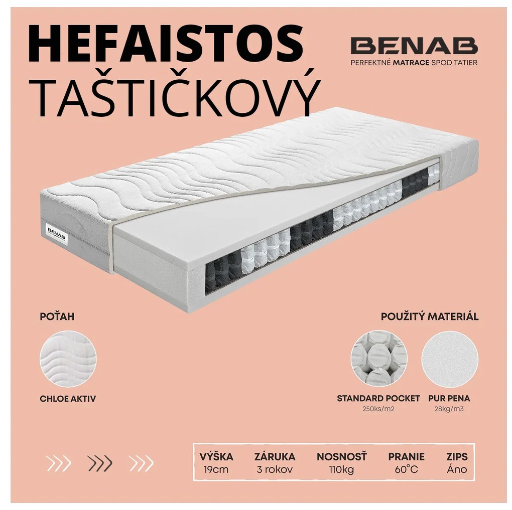 Taštičková matrace Benab Hefaistos 200x80 cm (T2). Kvalitní matrace slovenské výroby, která dokonale kopíruje tvar lidského těla, se zvýšeným ortopedickým efektem, pratelným potahem a vrstvou z kokosu. 763295