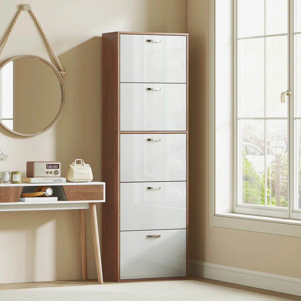HOMCOM Úzký a úsporný obuvník na 5 pater pro maximálně 30 párů se 2 policemi na úroveň, MDF obuvník, 60x28x189 cm, bílá a hnědá