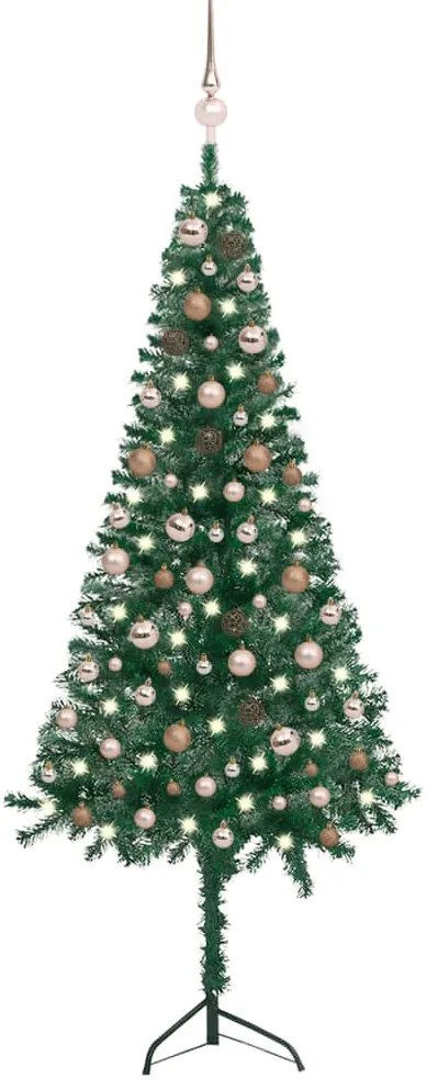 3077954 vidaXL Rohový umělý vánoční stromek LED a sada koulí zelený 180 cm PVC