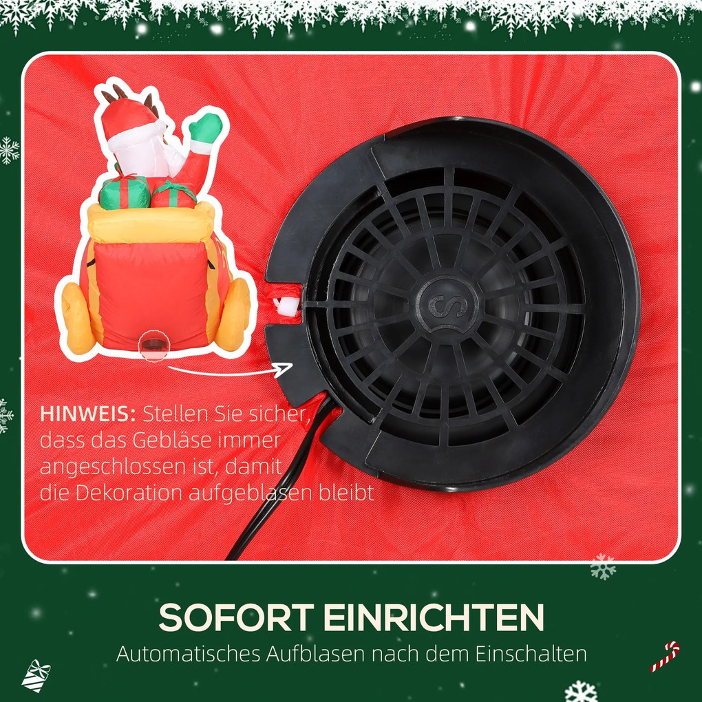 Outsunny Nafukovací vánoční dekorace, Santa Claus v saních tažených soby, polyester