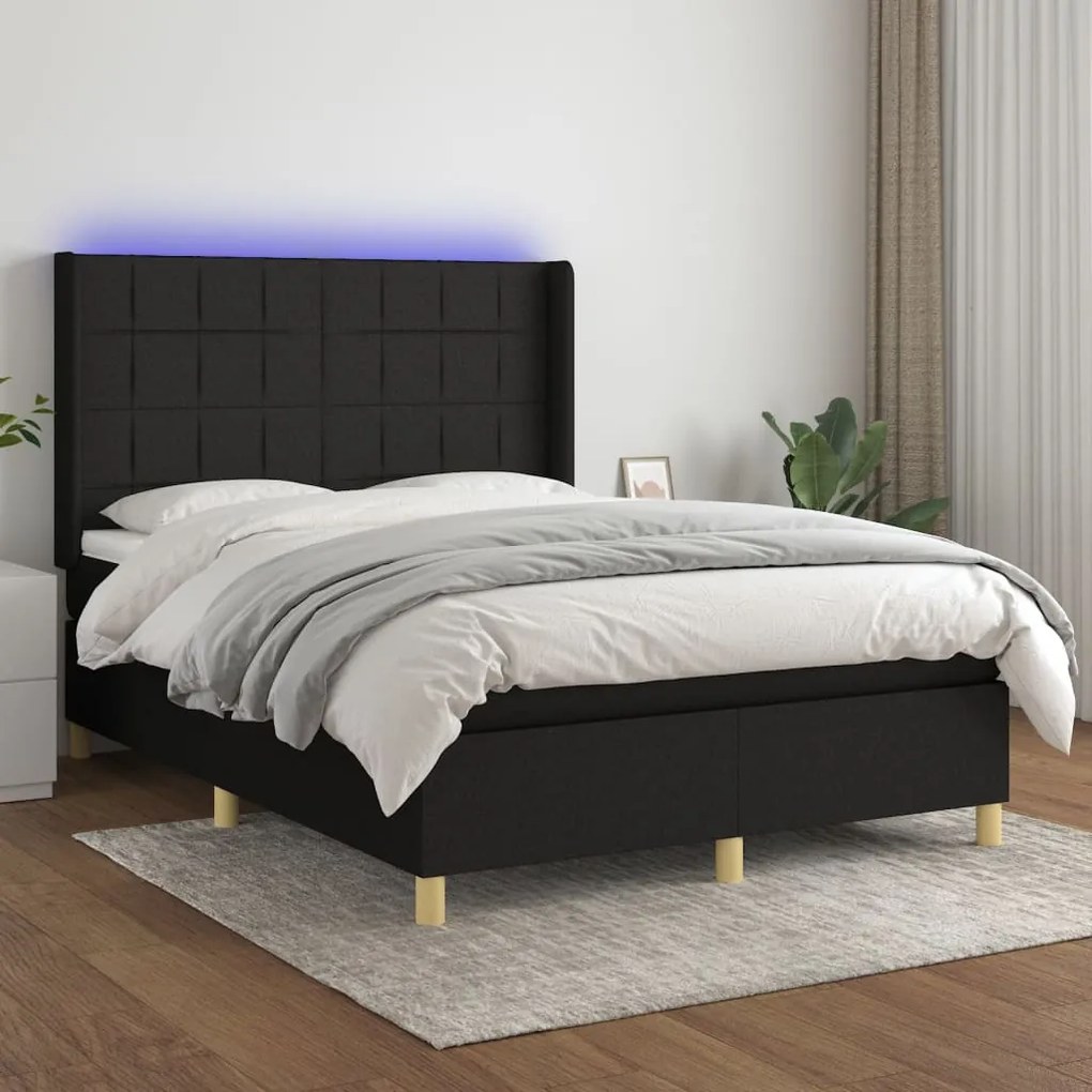 Box spring postel s matrací a LED černá 140x200 cm textil 3138879