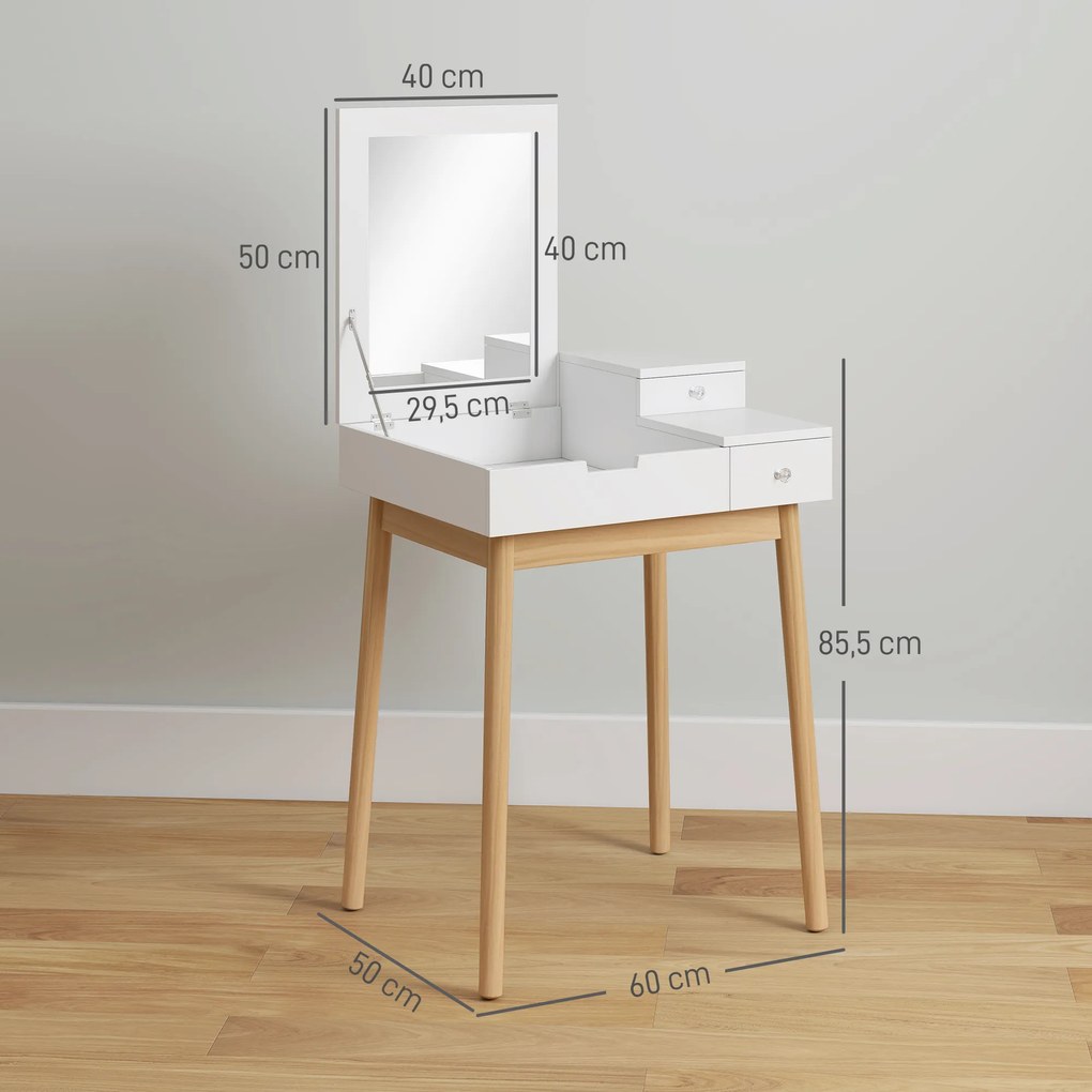 HOMCOM Toaletní Stůl s Zrcadlem Moderní Styl - 2 Zásuvky, Sklopné Zrcadlo do Ložnice, Obývacího Pokoje, 60 x 50 x 85,5 cm