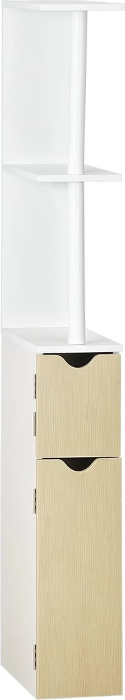 Kleankin koupelnový sloupek se 2 policemi a 2 skříňkami, vysoký úložný kabinet do koupelny v MDF, 15,2x29,8x118 cm, přírodní dřevo | Aosom