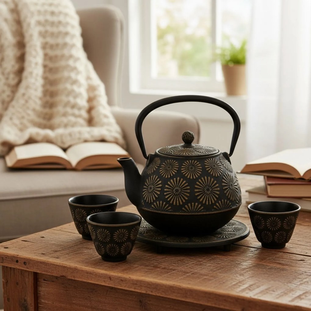 Litinová konvice s šálky a podstavcem KOGA, 1200 ml, antracitová
