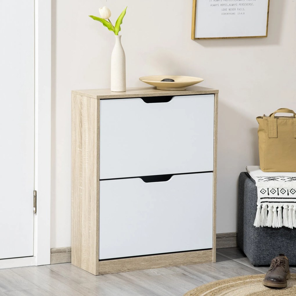 HOMCOM Dřevěný botník s 2 skládacími dvířky a 4 policemi, kapacita pro 8 párů do předsíně, chodby nebo ložnice, 62,5x26x81 cm, bílý a přírodní