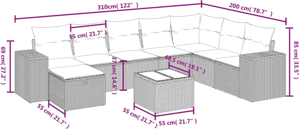 9dílná zahradní sedací souprava s poduškami béžová polyratan 3264524