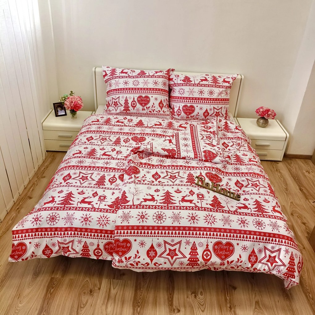 Povlečení bavlněné Vánoční povlečení Christmas červené TiaHome - 1x Polštář 90x70cm, 1x Přikrývka 140x200cm