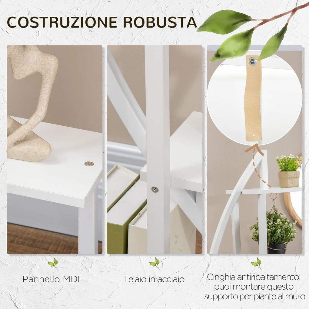 Outsunny 5-podlažní půlměsíční stojan na rostliny, stojan na květiny pro interiér a exteriér z MDF a oceli, 50x30x160 cm, Bílý