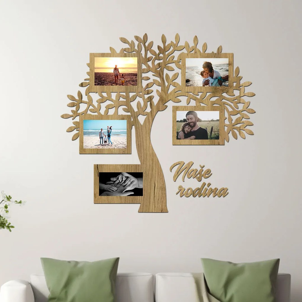 dřevo života Dřevěný fotorámeček na více fotografií Strom Naše rodina Zvolte barvu dekoru: Dub zlatý, Velikost fotorámečků: 13x9