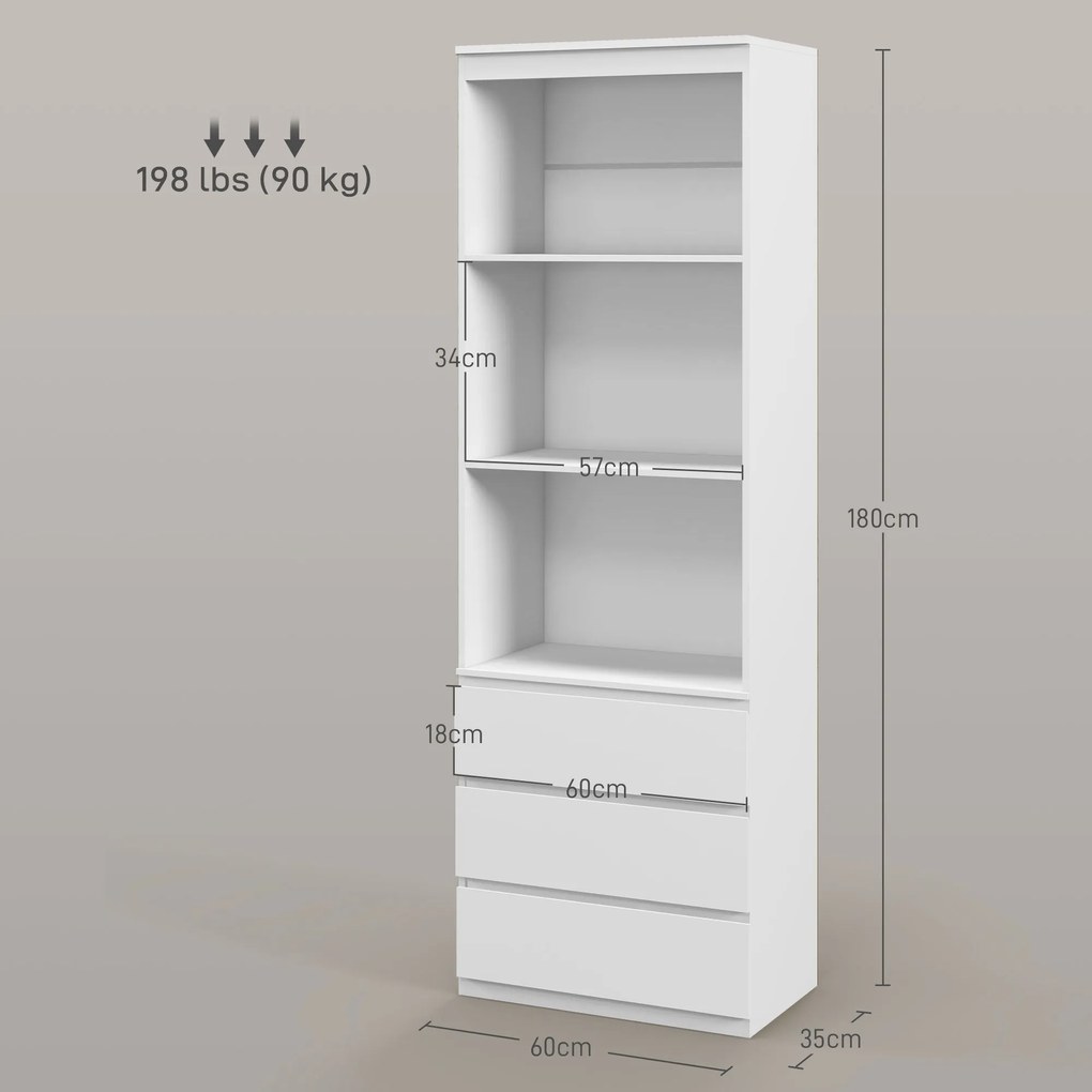 Knižní skříňka HOMCOM s úložným prostorem, výška 180 cm, 3 police a 3 zásuvky, bílá dřevěná, 60 x 35 x 180 cm | Aosom
