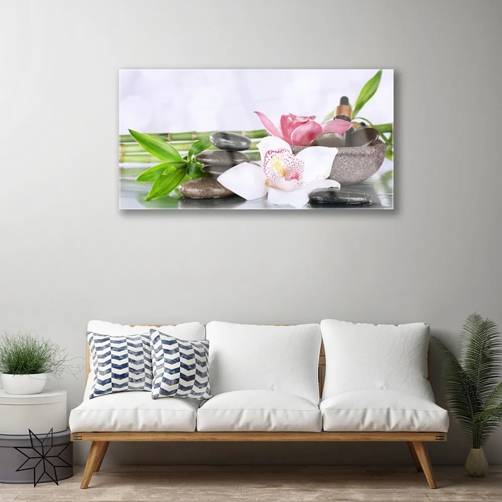 Obraz na skle Orchidej Kameny Bambus 140x70 cm