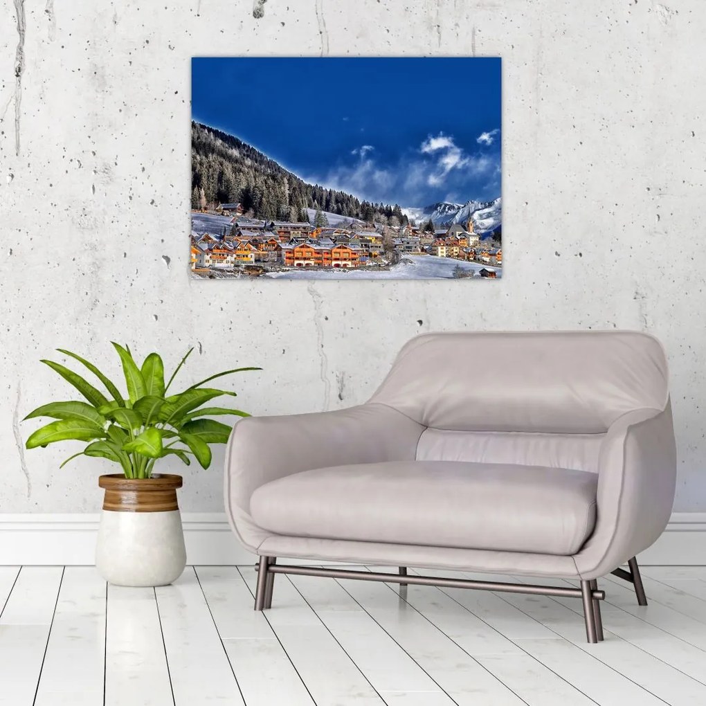 Skleněný obraz - Horské městečko (70x50 cm)