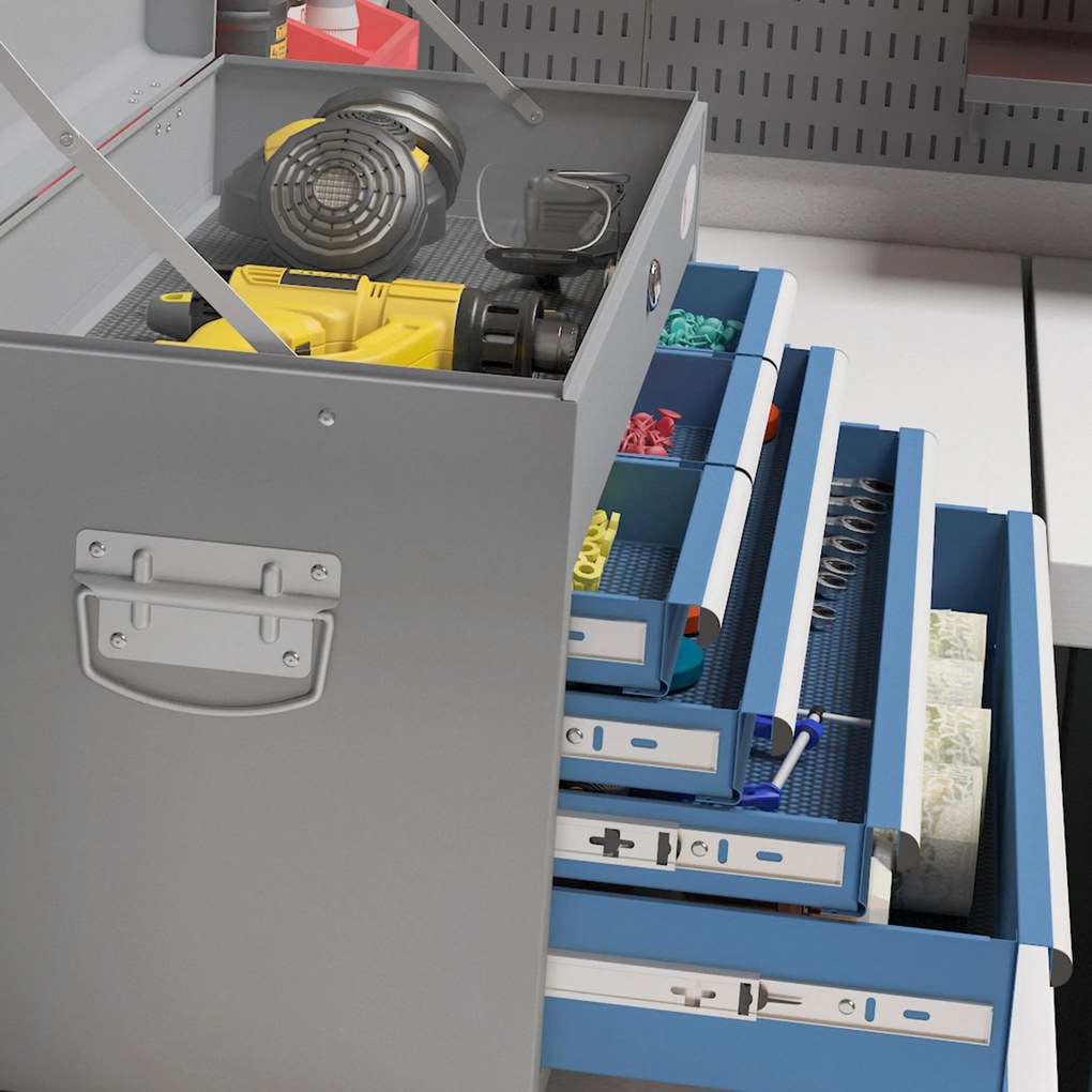 DURHAND Metalová Toolbox se 6 zásuvkami a 1 horním tácem, uzamykatelná se 2 klíči, 2 rukojeti, modrá