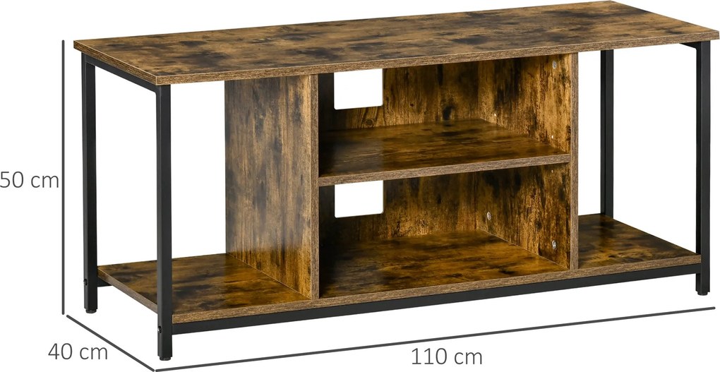 HOMCOM TV stolek pro TV do 55 palců - Průmyslový styl, s 4 přihrádkami, nastavitelnou policí a správcem kabelů 110x40x50 cm Rustikální Hnědá