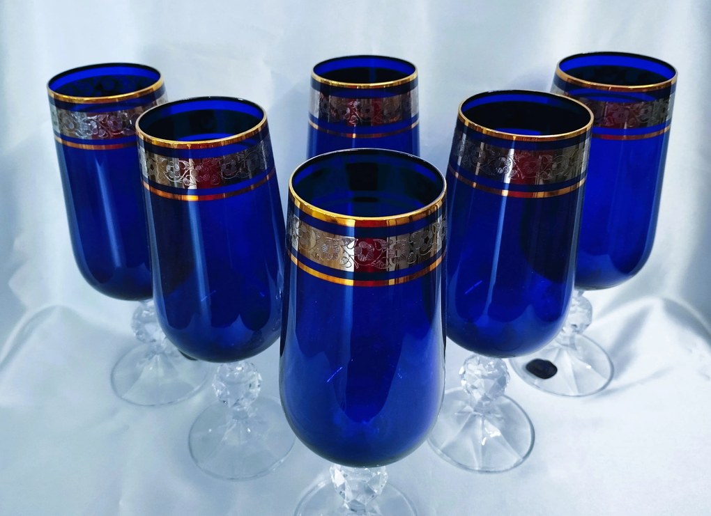Sklenice na šampaňské Claudia zdobené 190 ml, 6 ks, 3 barvy - Modrá