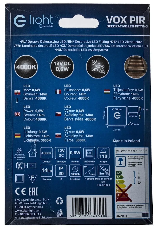 Schodišťové LED svítidlo Vox, 1x LED 0,6w, 4000k, s, pohybový senzor