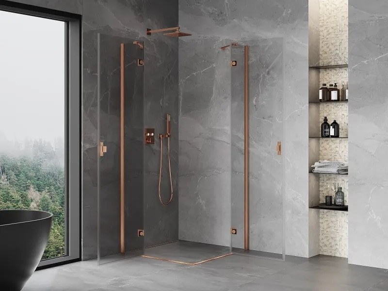 Mexen Mist-H Duo, 2-křídlý výklopný sprchový kout 90 x 90 cm, čiré sklo, měděný matný profil, 8A5-090L-090P-65-00