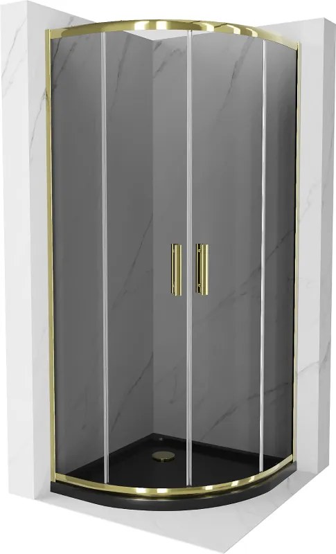 Mexen Rio, čtvrtkruhový sprchový kout s posuvnými dveřmi 80 (dveře) x 80 (dveře) x 190 cm, 5mm šedé sklo, zlatý profil + černá sprchová vanička SLIM, 863-080-080-50-40-4170G