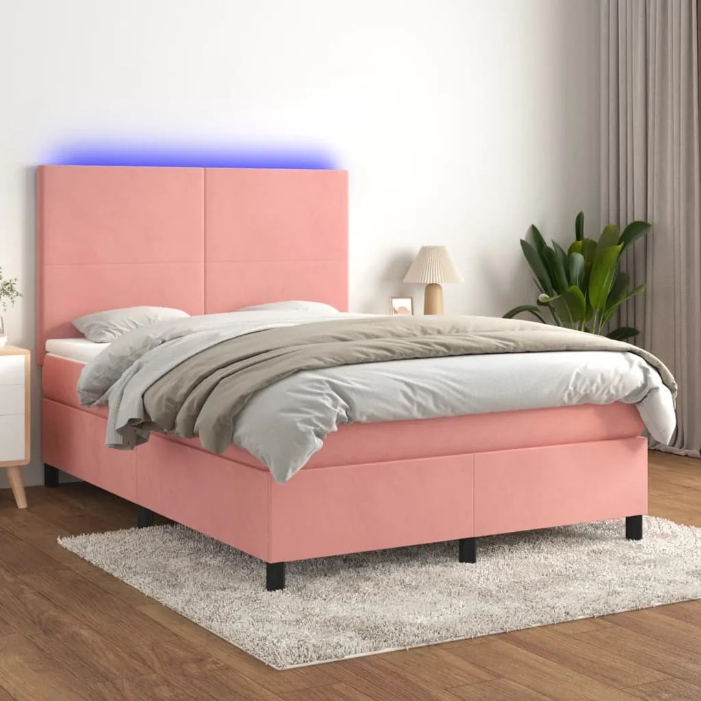 Box spring postel s matrací a LED růžová 140x190 cm samet