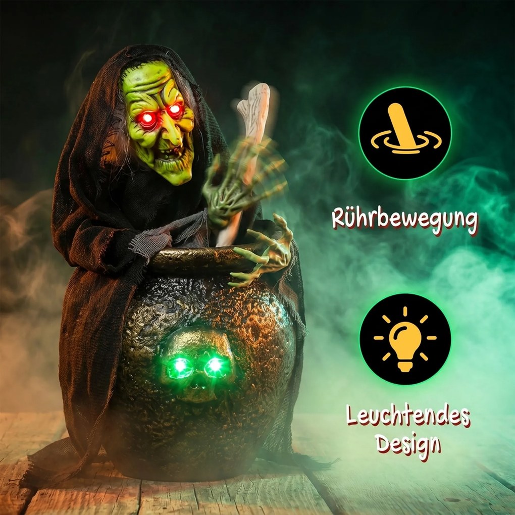 HOMCOM Animovaná halloween stolní čarodějnice se zvukem smíchu, svítícíma očima a zvukovou/touch aktivací