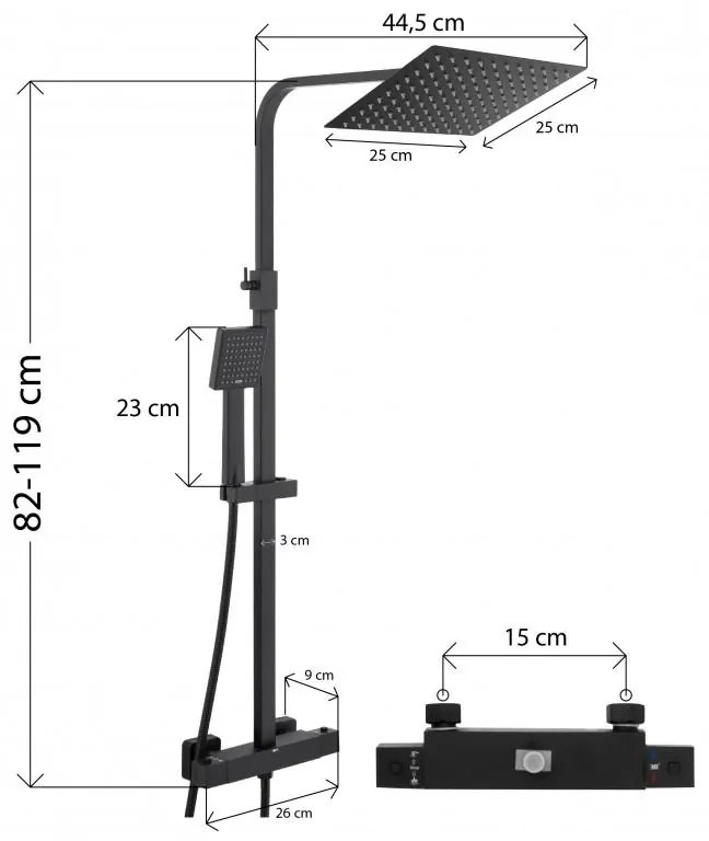 Erga Goba, sprchová souprava s termostatickou baterií a dešťovou hlavicí 25x25cm, černá matná, ERG-YKA-BP.GOBA-THERM-25-BLK