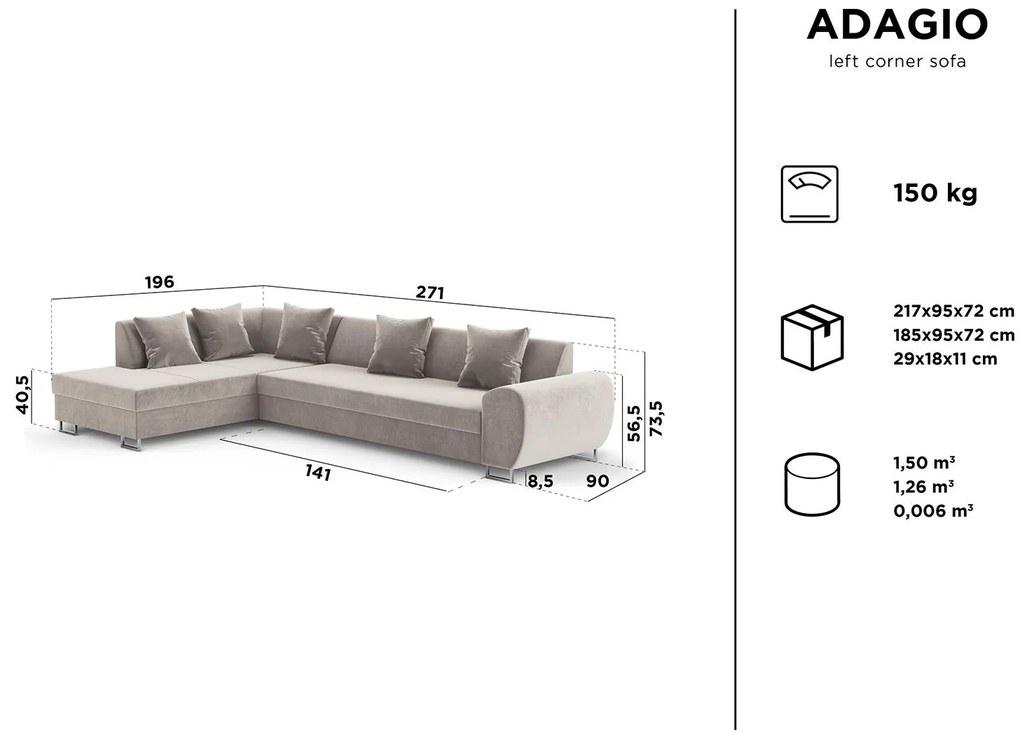 KOOKO HOME Rohová rozkládací sametová pohovka s úložným prostorem Adagio XL levý roh