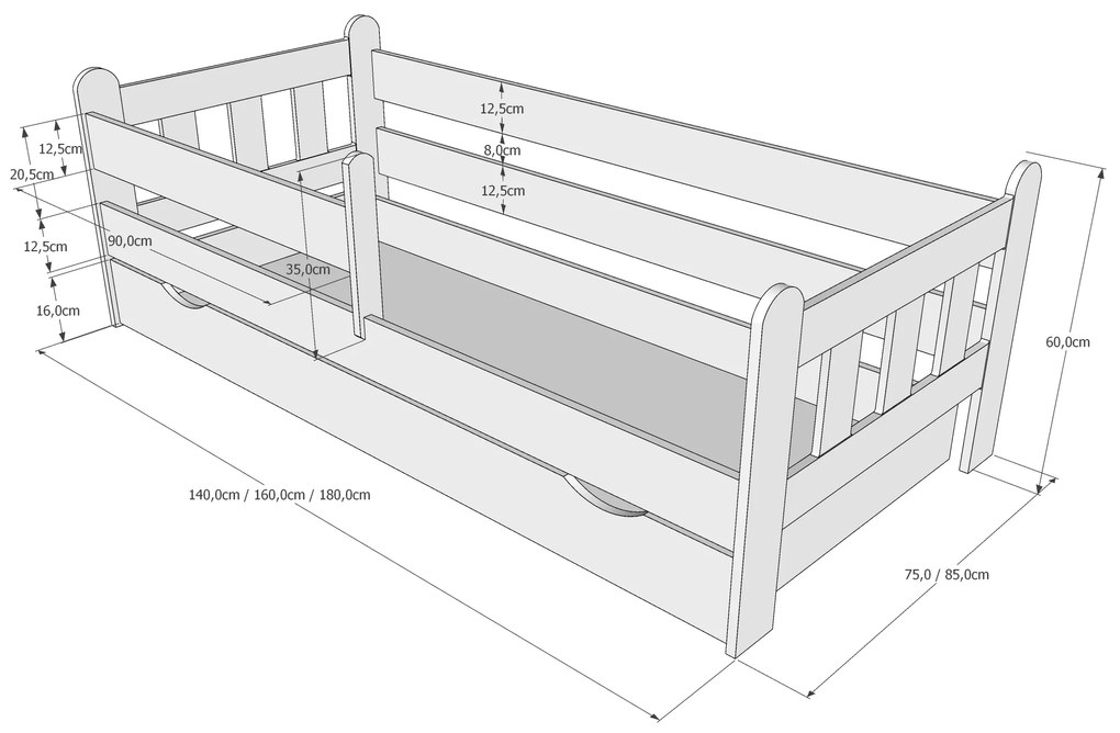 BabyBeds Dětská postel STAS Velikost postele: 160x80 cm, Barevné provedení: Bílá, Úložný prostor: Ano, s úložným prostorem Bílá