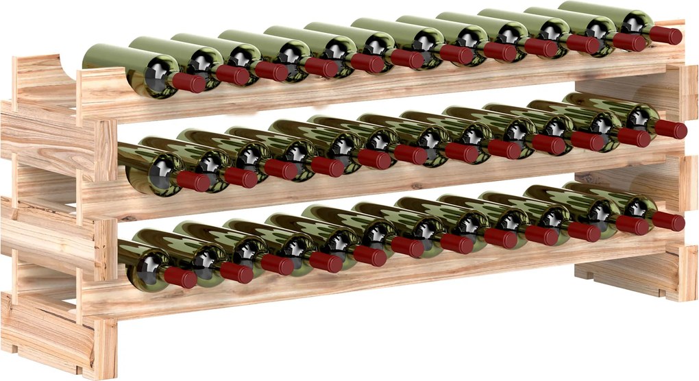 HOMCOM regál na lahve pro 36 lahví, 3-patrový modulární vinný regál, 114×28×42,5 cm, přírodní dřevo