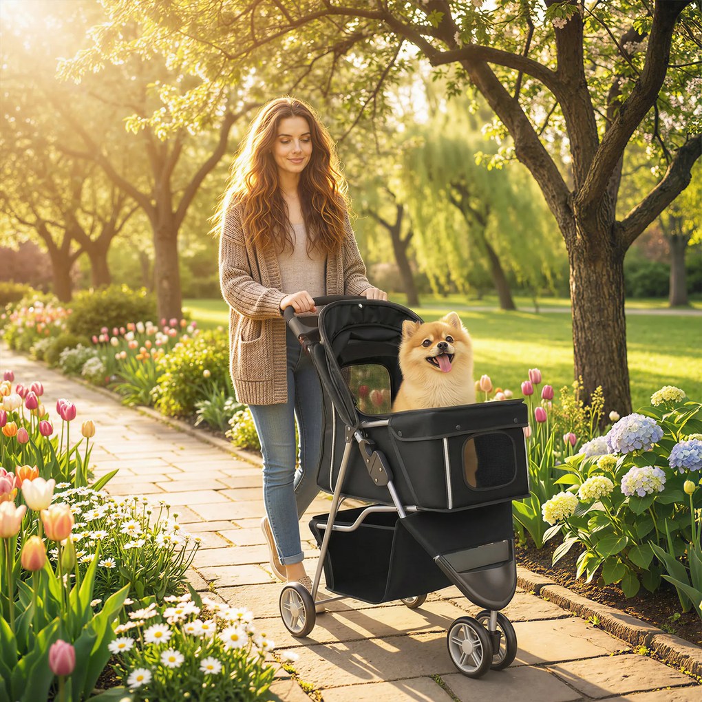 PawHut Skládací kočárek pro psy s úložným košíkem Polštářek Síťované okénko Držák na kelímek pro malé psy do 10 kg Černý