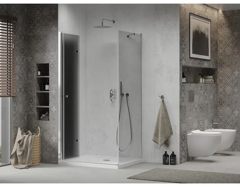 Mexen Lima, sprchový kout se skládacími dveřmi 70 (dveře) x 80 (stěna) cm, 6mm šedé sklo, chromový profil + slim sprchová vanička bílá + chromový sifon, 856-070-080-01-40-4010
