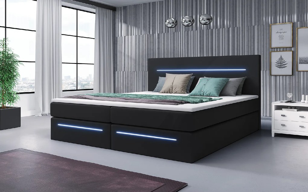 K&M postele Boxspring postel SEJOUR s úložným prostorem a LED Velikost postele: 160 × 200 cm, Výběr matrace: Oboustranná pružinová matrace - středně …