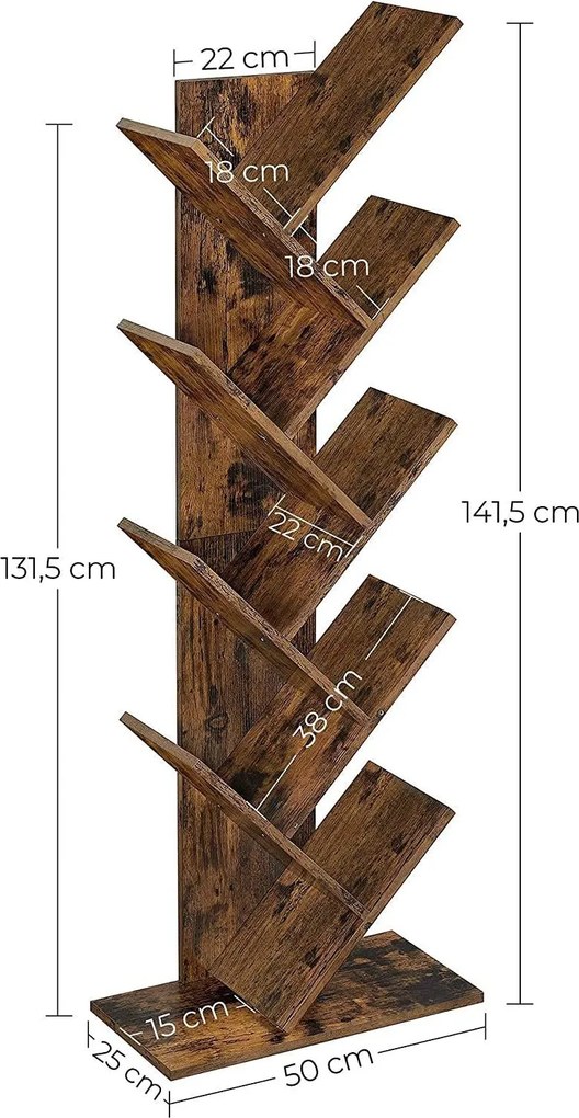 Knihovna ve tvaru stromu 8-podlažní 50 x 25 x 141,5 cm, rustikální hnědá