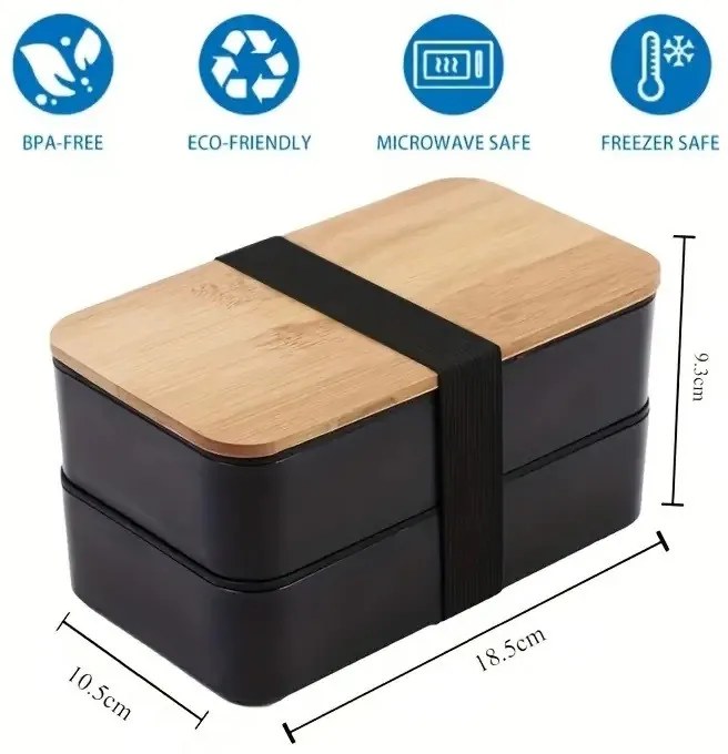 Svačinový box DUO LUNCH s příborem, černý/bambus