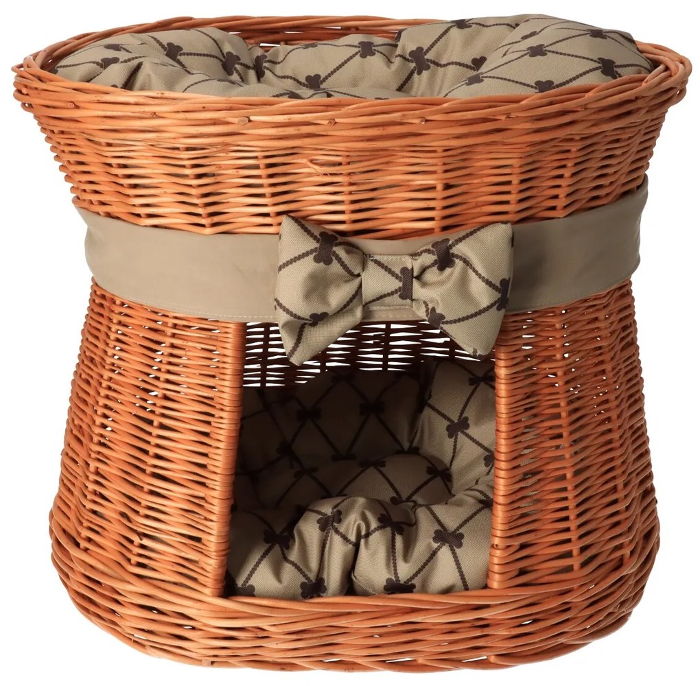 Dřevobox Proutěný pelíšek s boudou přírodní - obšitý s béžovou mašlí