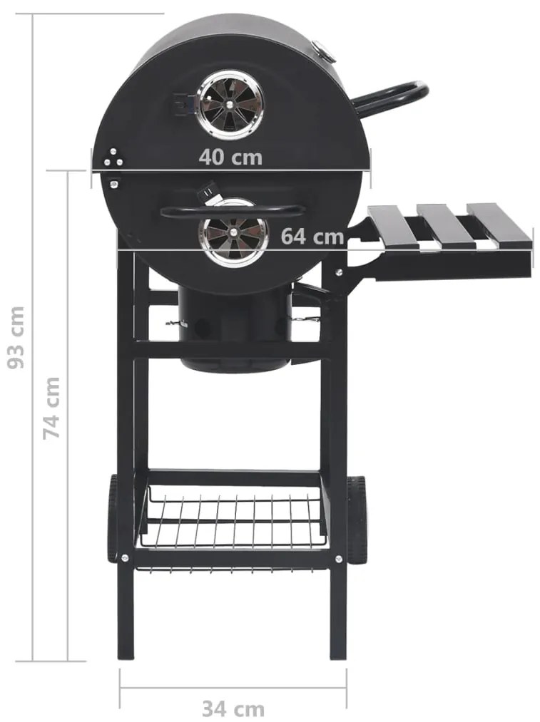 vidaXL Marketos Válcový gril s kolečky a poličkami černý ocel 115 x 85 x 95 cm