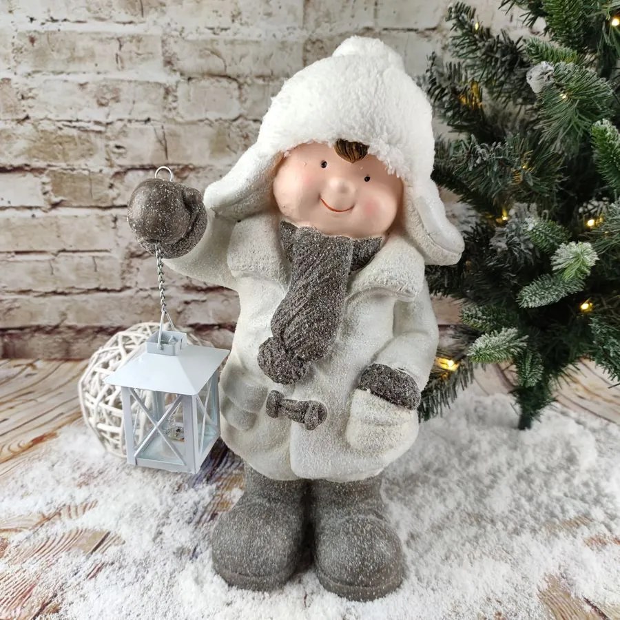 Vánoční figurka- velké dítě v bílém kabátku s lucernou- 42 cm