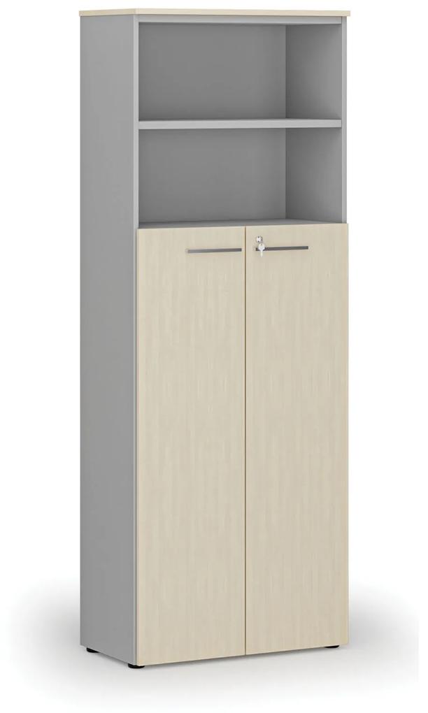 Kombinovaná kancelářská skříň PRIMO GRAY, dveře na 4 patra, 2128 x 800 x 420 mm, šedá/dub přírodní
