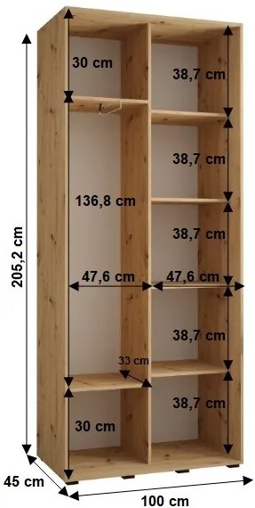 Šatní skříň Sapporo Abika 100/205,2/45 barevné provedení: bílý mat + dub artisan + černé lamely