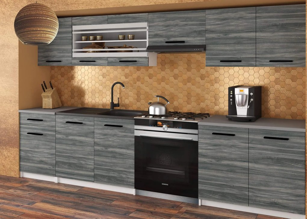 Kuchyňská linka Belini 260 cm šedý antracit Glamour Wood s pracovní deskou Justyna  TOR JUSTYNA/3/WT/GW1/0/B1