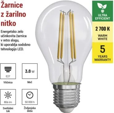 Emos lighting LED žárovka Filament A60 A CLASS / E27 / 3,8 W (60 W) / 806 lm / teplá bílá 1525283273