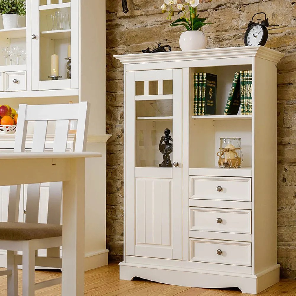 Massive home | Belluno Elegante bílá vitrína 1D3S z masivu s bílou deskou