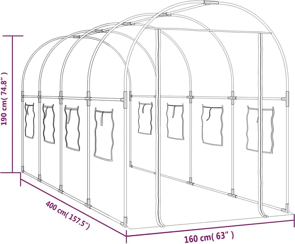 Skleník průhledný 160 x 400 x 190 cm PVC práškově lakovaná ocel 317247