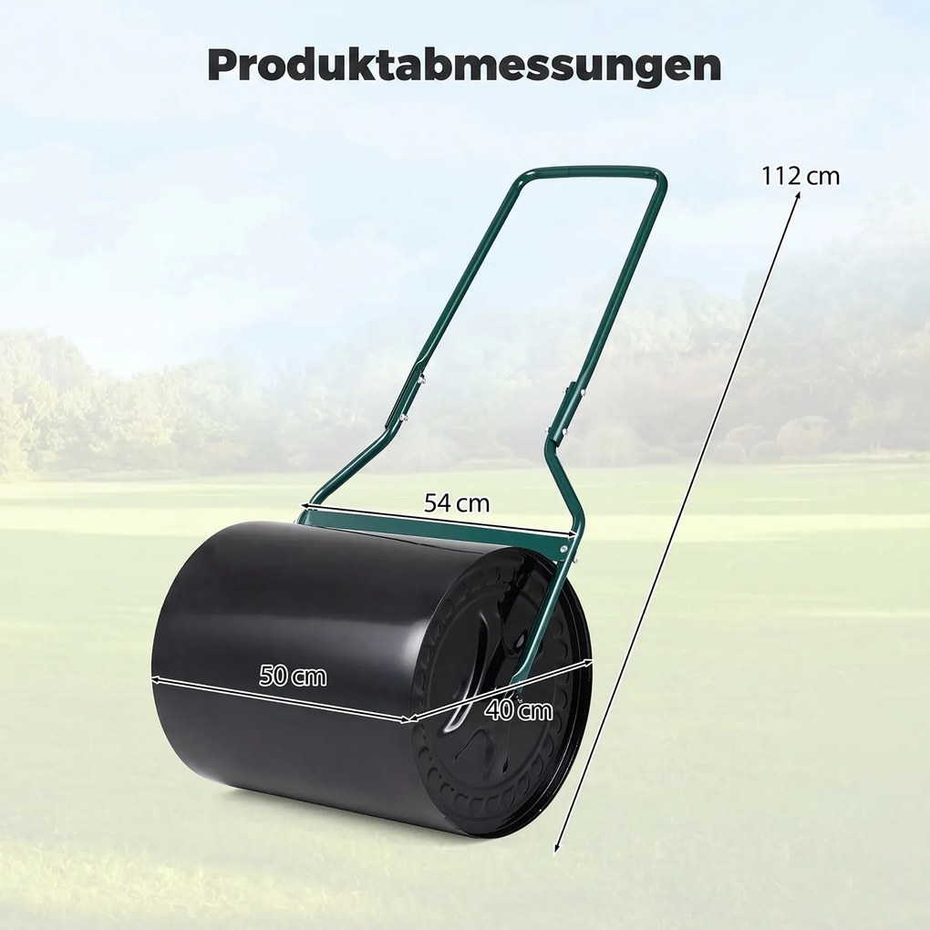 Costway Kovový válec na trávu s objemem náplně 60 L a šířkou rolování 50 cm.