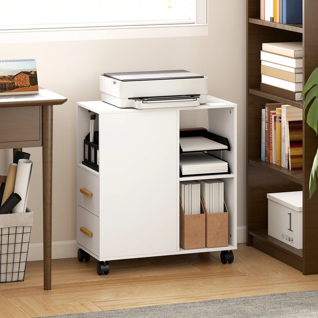 HOMCOM pojízdný stolek na tiskárnu s nastavitelnou policí, kolečky a organizérem — tiskárnový vozík do kanceláře, bílý (60 x 30 x 65 cm)