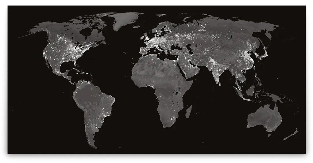 Svět s nočním osvětlením - s pevninami / černobílá s pevninou / papír / bez lišt / 50×25 cm