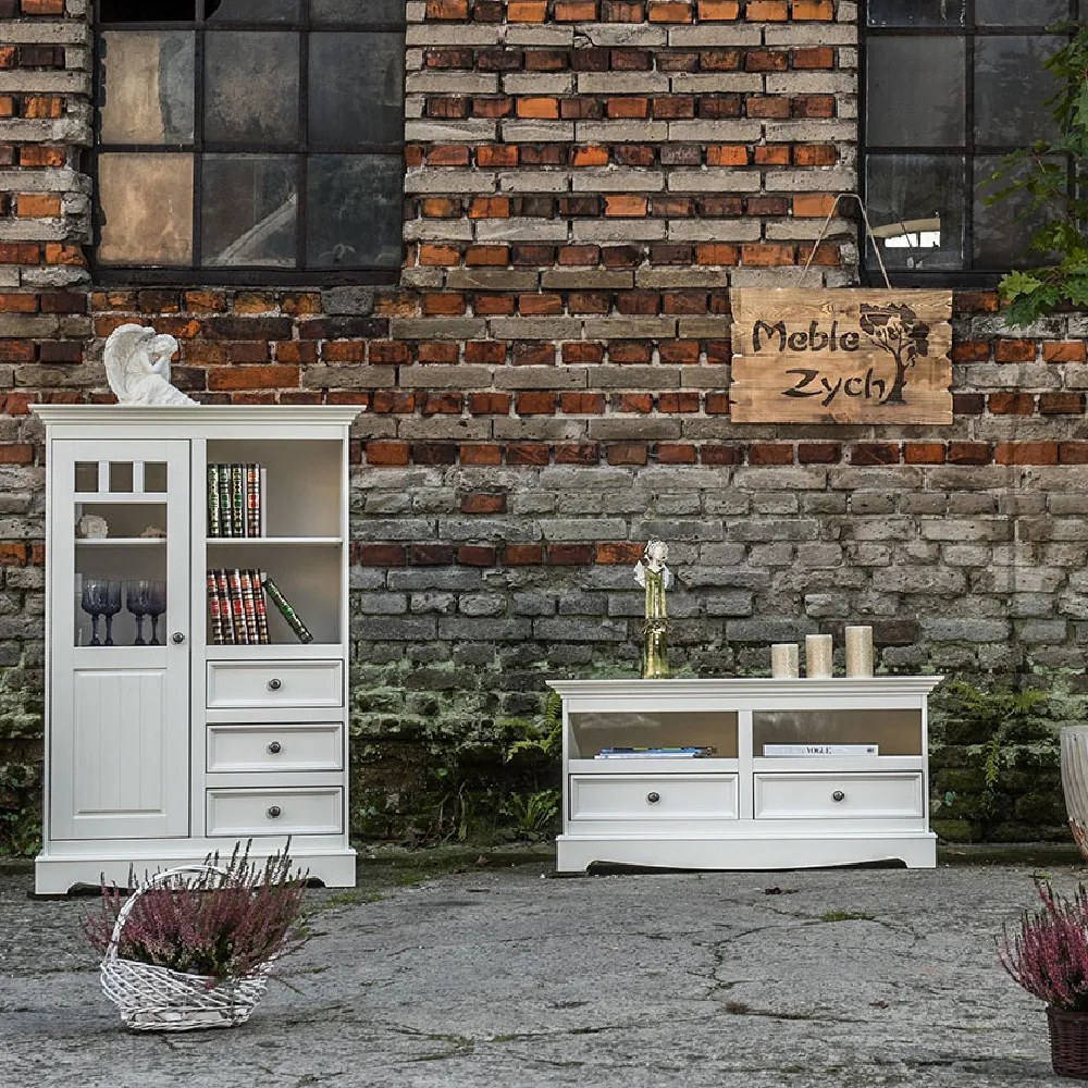 Massive home | Belluno Elegante bílá vitrína 1D3S z masivu s bílou deskou