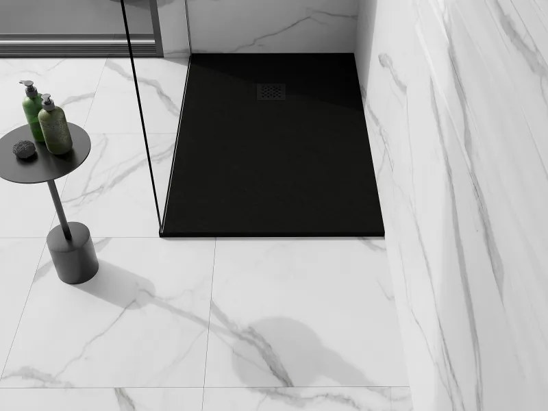 Mexen Stone+, obdélníková vanička z minerálního kompozitu 120 x 90 cm, černá, černá krytka, 44709012-B