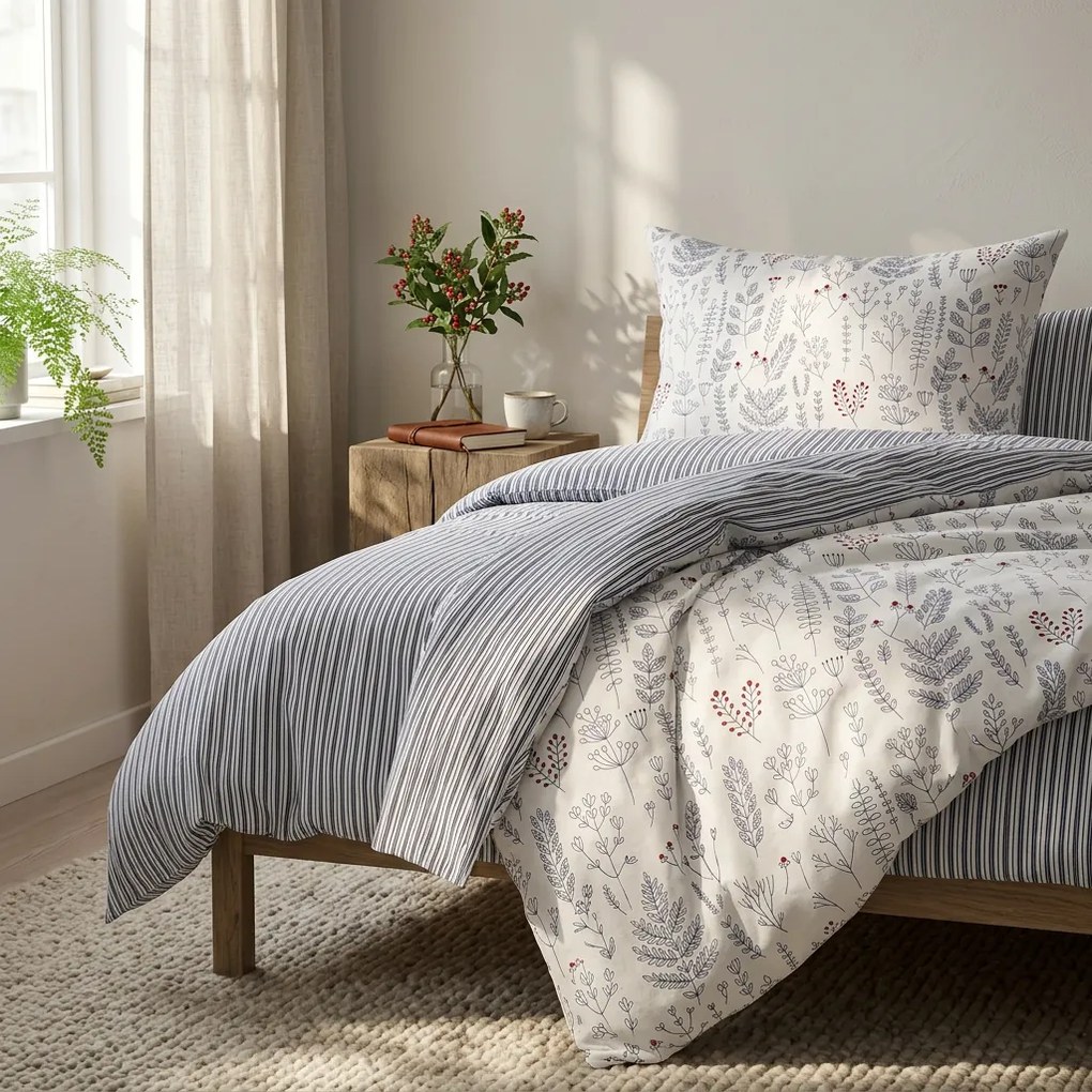 Bavlněné povlečení Herbář Modrý oboustranný Zapínání: knoflík, Velikost polštáře: 70x90, Velikost přikrývky: 140x220