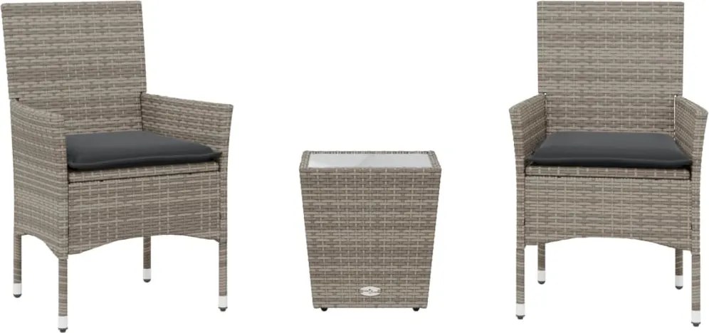 3dílný bistro set s poduškami šedý polyratan a sklo 3278742