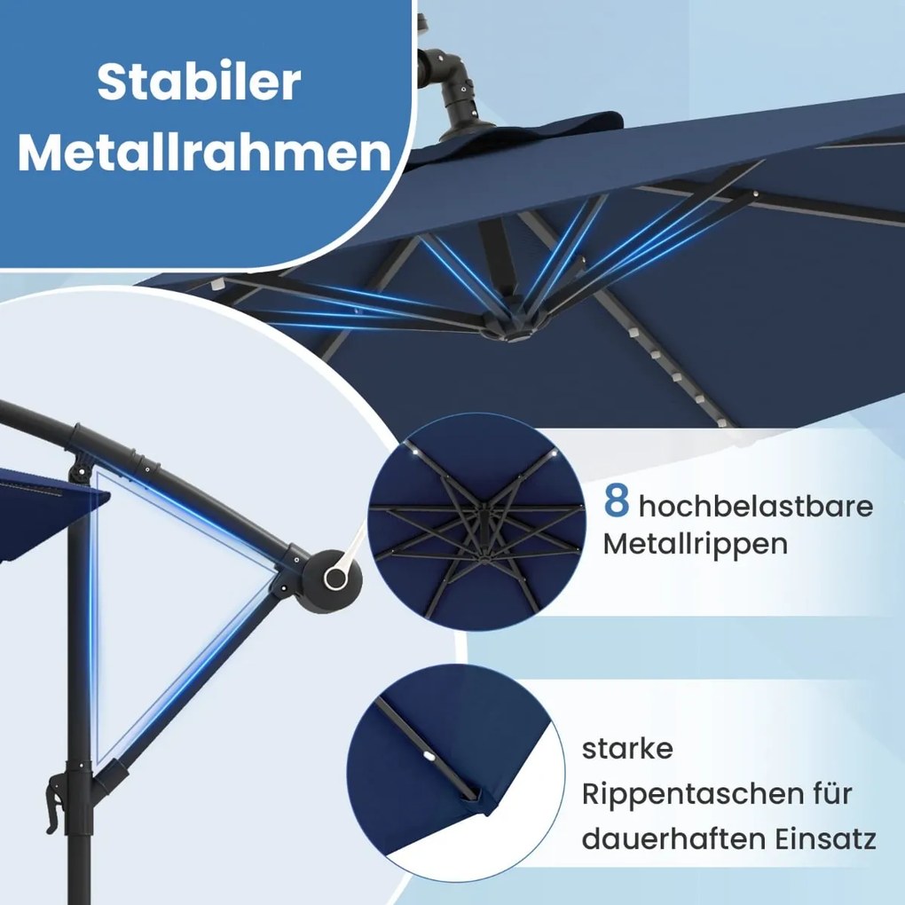 Costway Ø 300 cm konzolový deštník se 40 solárními LED světly a pytli s – modrý